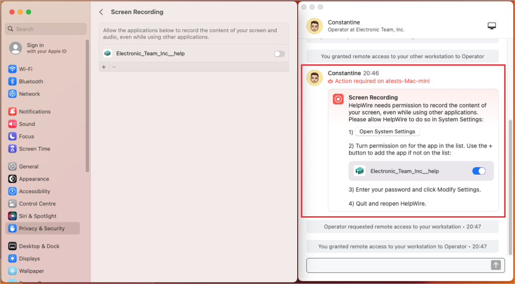 Granting screen recording and remote control permissions on macOS ...